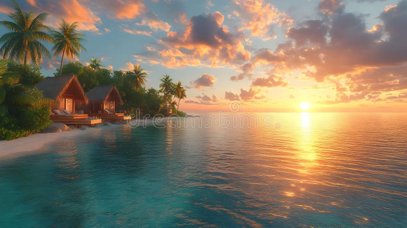 Tropical Sunset Beach Hut stock illustration. Illustration of sand ...