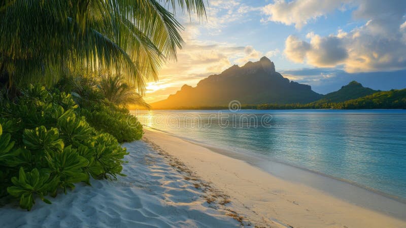 Tropical Sunset Beach Landscape with Golden Hour Light Stock ...
