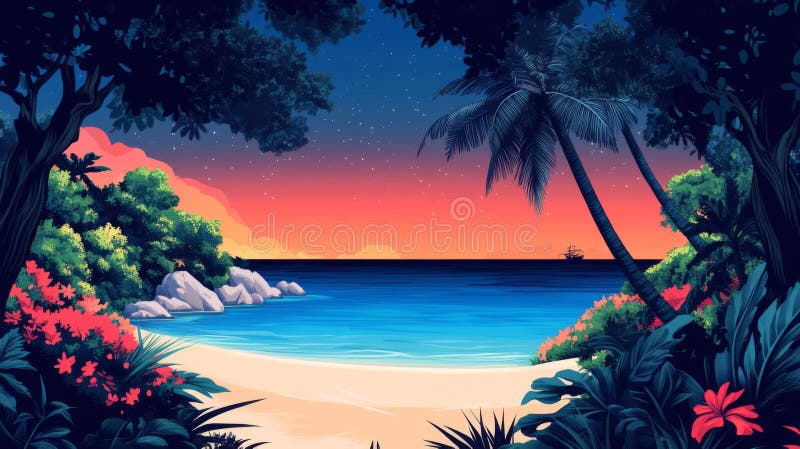Tropical Sunset Beach Night Scene Pixel Art Stock Illustration ...
