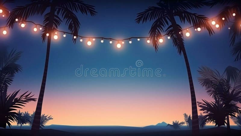 Tropical Sunset Beach Party Scene with Palm Trees and String Lights ...