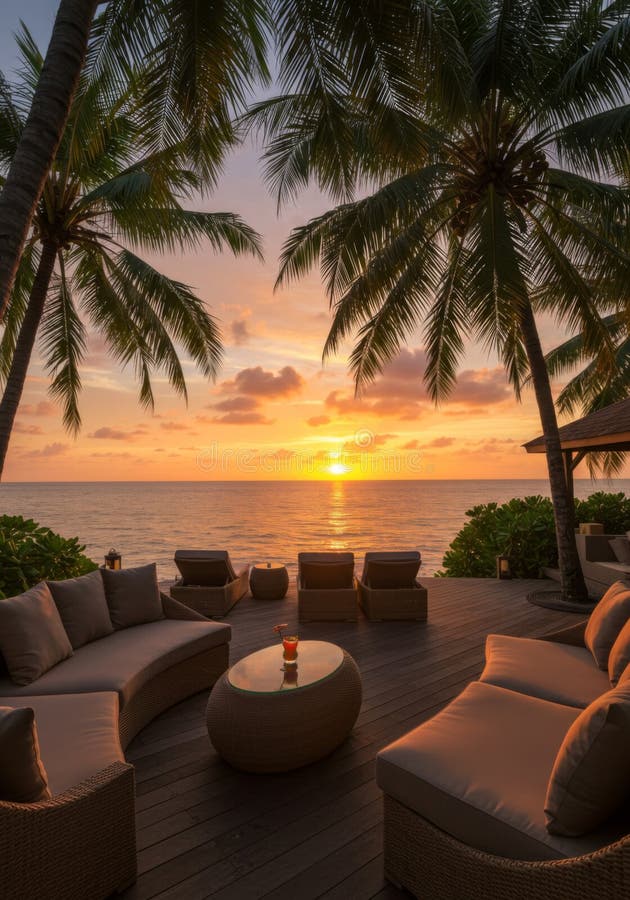 Tropical Sunset Beach Resort Lounge Scene Stock Illustration ...