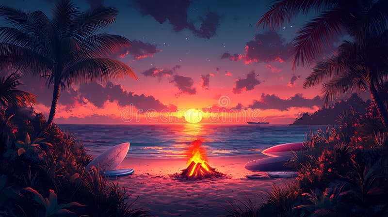 Tropical Sunset Beach Scene with Bonfire and Surfboards Stock ...