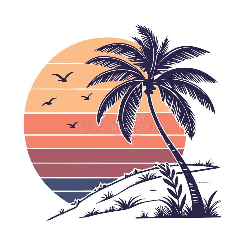 Retro Sunset Beach Scene Logos Collection Stock Vector - Illustration ...