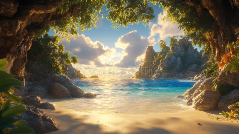 Tropical Sunset Beach Scene Viewed from a Cave Stock Illustration ...