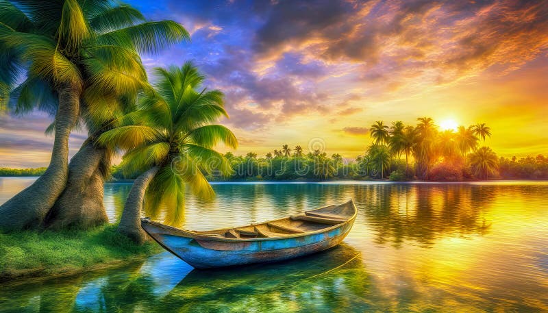 Tropical Sunset with Canoe by the Riverside Stock Illustration ...
