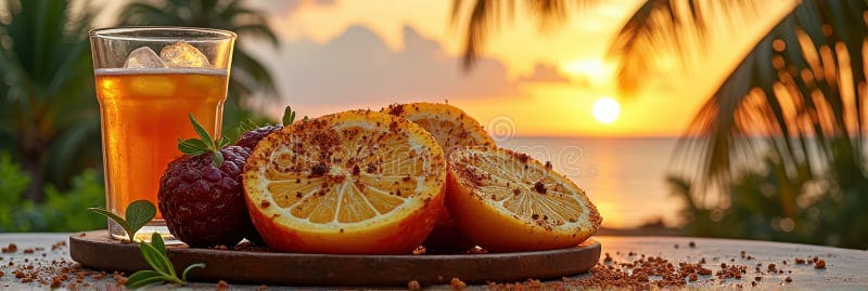 Tropical Sunset with Citrus and Iced Tea by the Ocean Stock Image ...