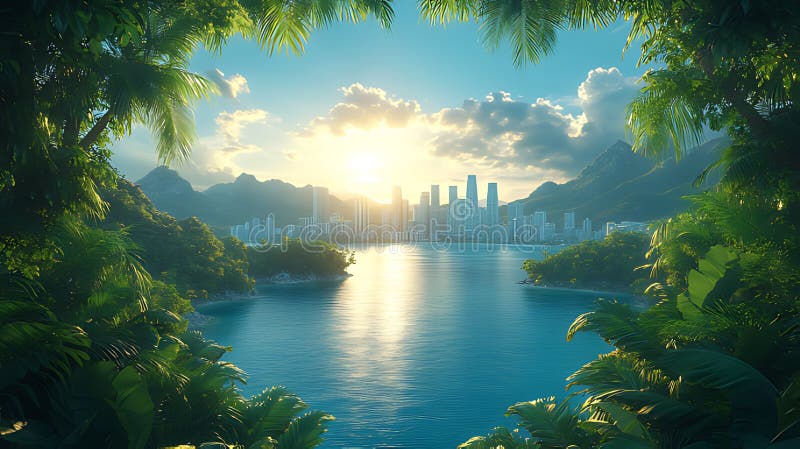 Tropical Sunset City View Framed by Palm Leaves Stock Illustration ...