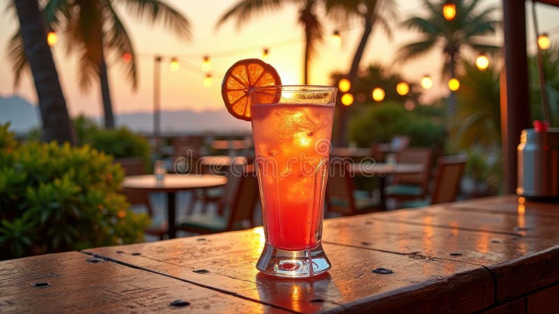 Tropical Sunset Cocktail on Beach Bar Table with Palm Trees and String ...