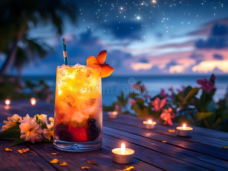 Tropical Sunset Cocktail on Beachside Table with Candles and Flowers ...