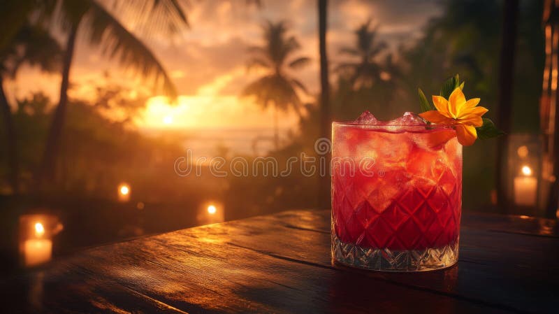 Tropical Sunset Cocktail Garnishing a Glass Stock Illustration ...