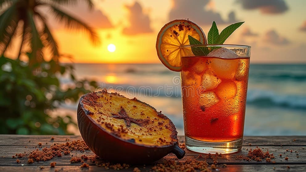 Tropical Sunset Cocktail with Ice on Beachside Table Stock Image ...