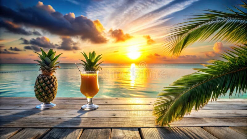 Tropical Sunset Cocktail Scene with Pineapples on Wooden Deck ...