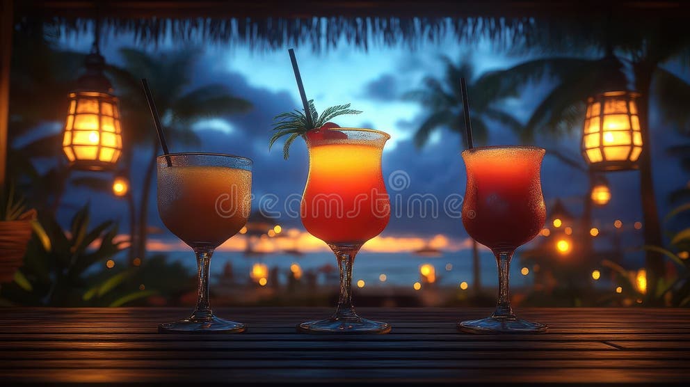 Tropical Sunset Cocktails stock illustration. Illustration of island ...