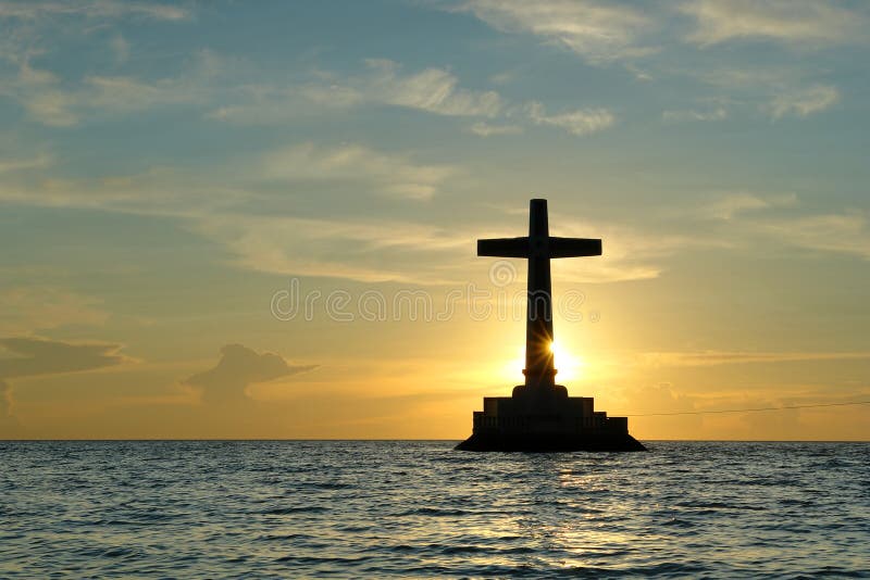 Tropical Sunset with Cross Silhouette Stock Photo - Image of memorial ...