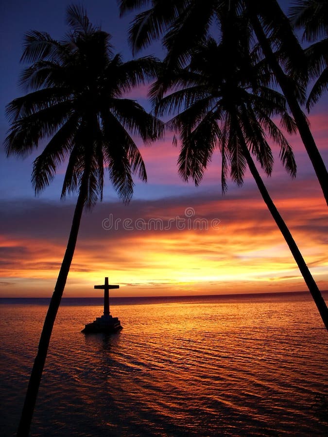 Tropical Sunset with Cross and Trees Silhouette Stock Photo - Image of ...