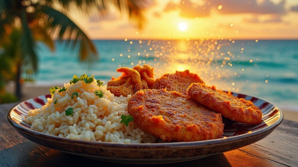 Tropical Sunset Dining with Crispy Chicken and Rice at Beachside Stock ...