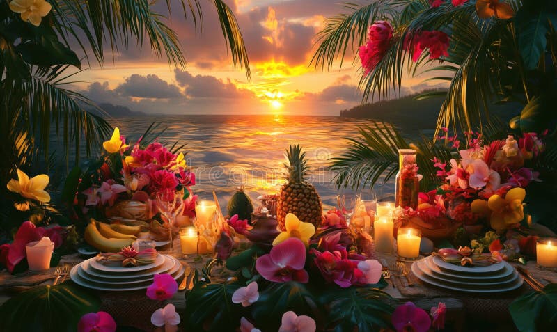 Tropical Sunset Dinner Setting with Vibrant Flowers and Fruits by the ...