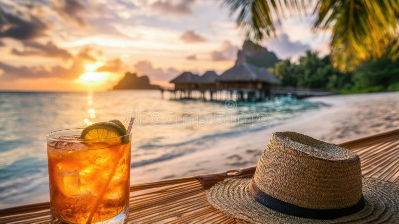 Tropical Sunset with Iced Drink and Hat on Beach in Bora Bora Stock ...