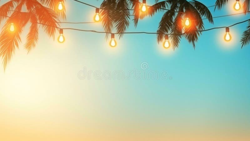 Tropical Sunset Lights: Palm Trees and String Lights at Dusk Stock ...