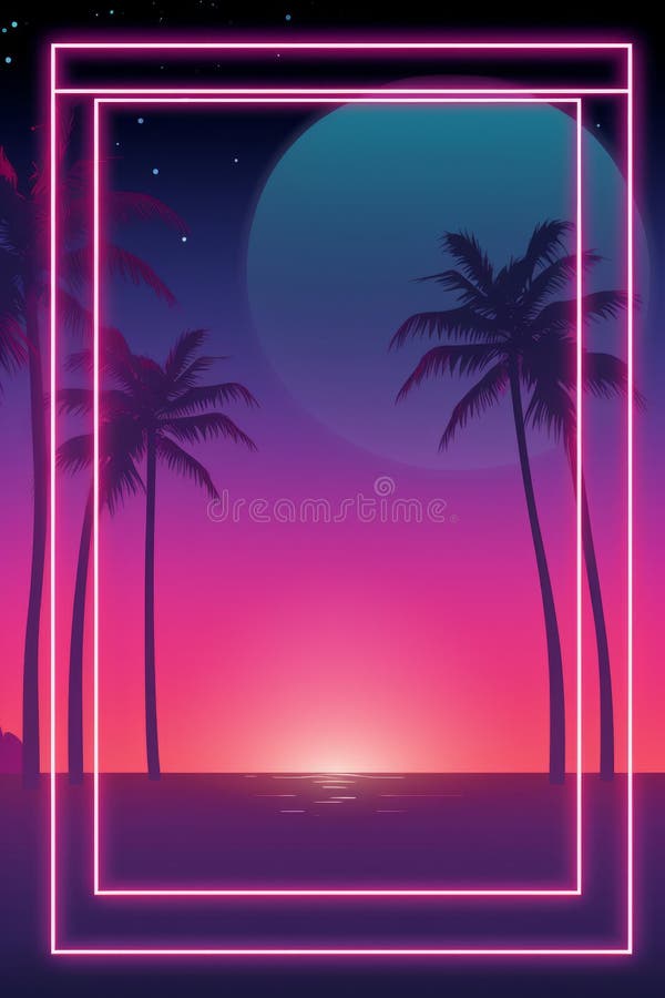 Tropical Sunset with Neon Frame and Palm Trees on the Beach Stock ...