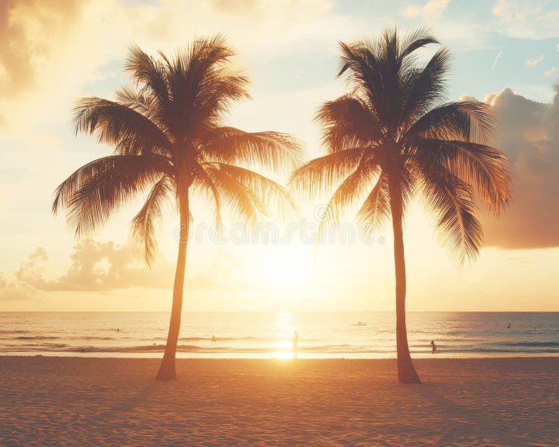 A Tropical Sunset Over the Ocean, Featuring Palm Trees and Surfers ...