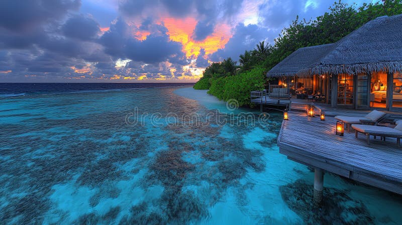 Tropical Sunset Over Water Villa Stock Image - Image of paradise ...