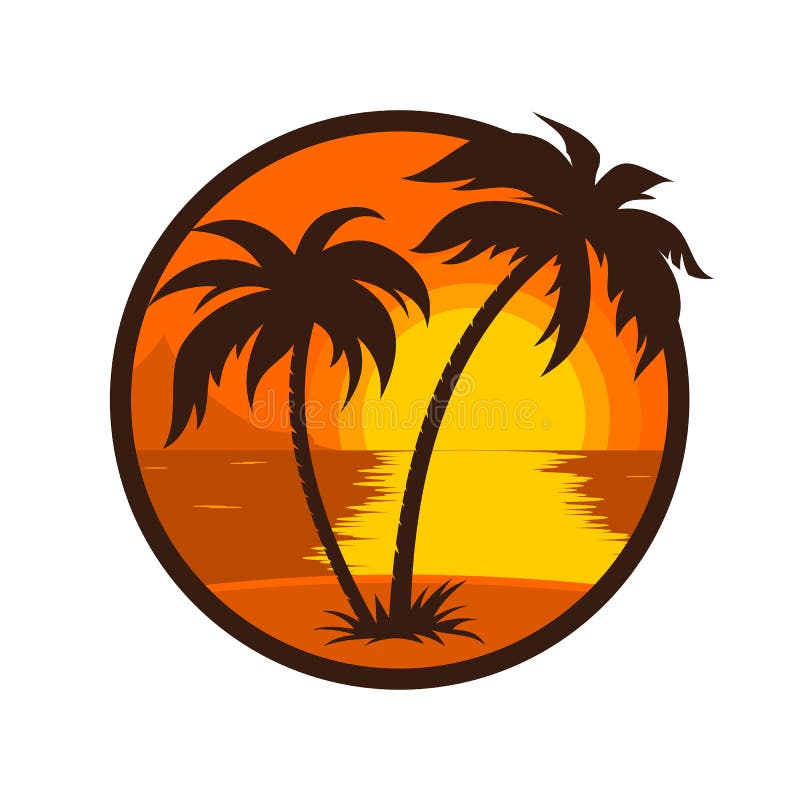 Tropical Sunset with Palm Tree Round Icon Stock Vector - Illustration ...