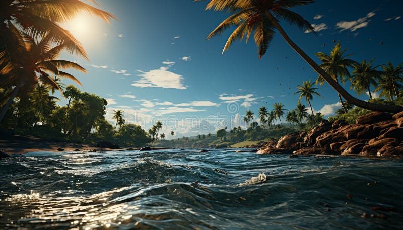 Tropical Sunset, Palm Tree, Waves, and Relaxation Generated by AI Stock ...