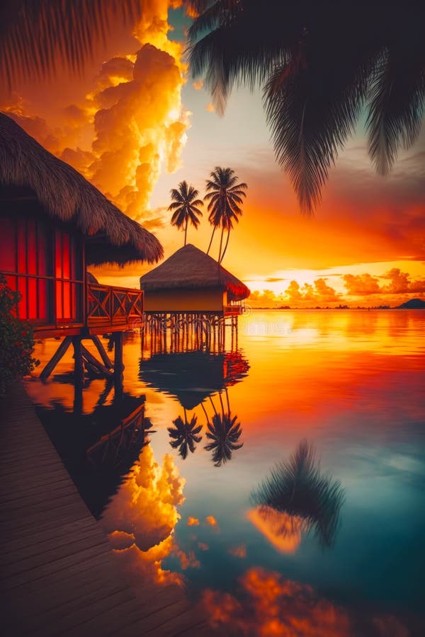 Tropical Sunset with Palm Trees and Hut on the Water S Edge. Generative ...