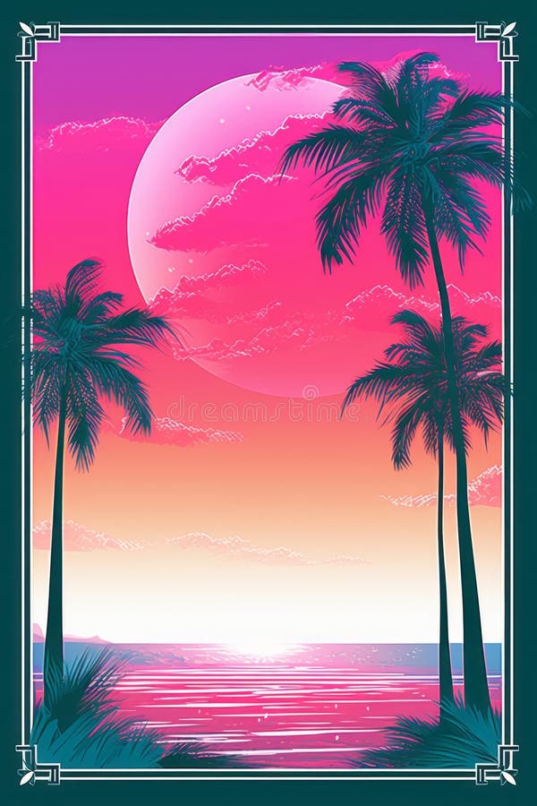 Tropical Sunset with Palm Trees and a Pink Moon Stock Illustration ...