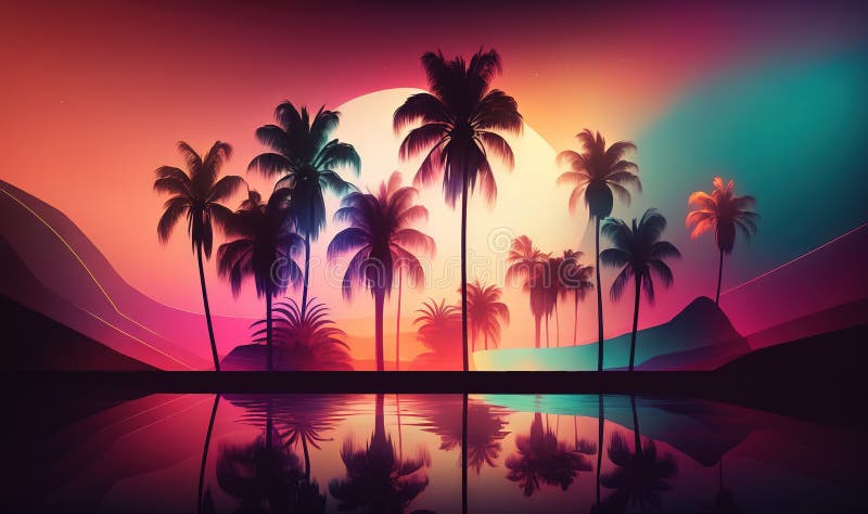A Tropical Sunset with Palm Trees Reflecting in the Still Water Stock ...