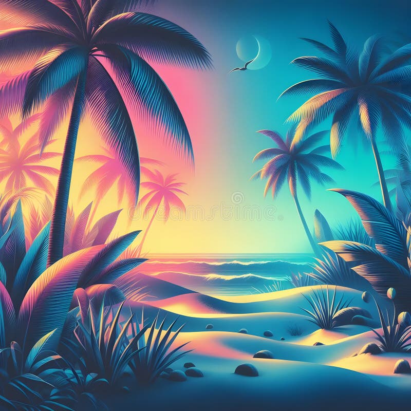 Tropical Beach With Palm Trees At Sunset Vector Illustration Stock