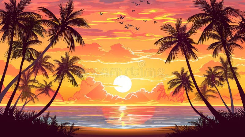 Tropical Sunset Paradise with Palm Silhouettes and Ocean Reflection ...