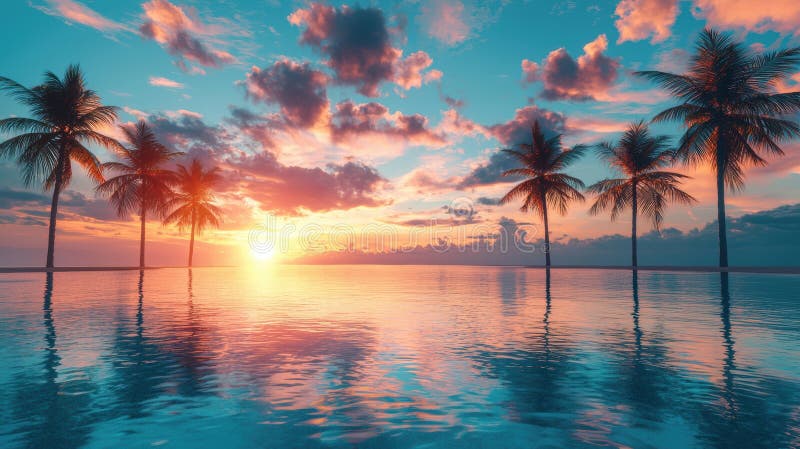 Tropical Sunset Paradise with Palm Trees and Infinity Pool. Stock ...