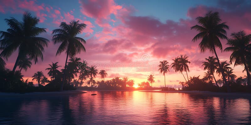 Tropical Sunset Paradise Palm Trees and Pink Sky Stock Illustration - Illustration of clouds ...