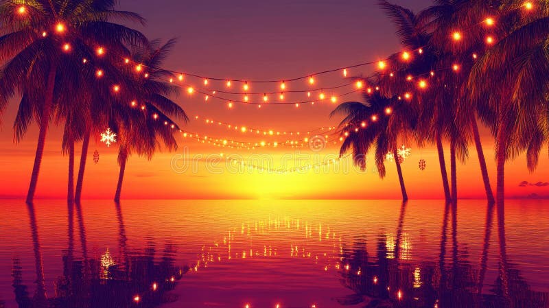 Tropical Sunset Paradise with Palm Trees and String Lights Stock Image ...