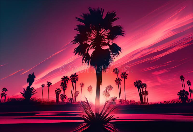 Tropical Sunset with Pink Gradient Sun and Silhouette of Palm Trees ...