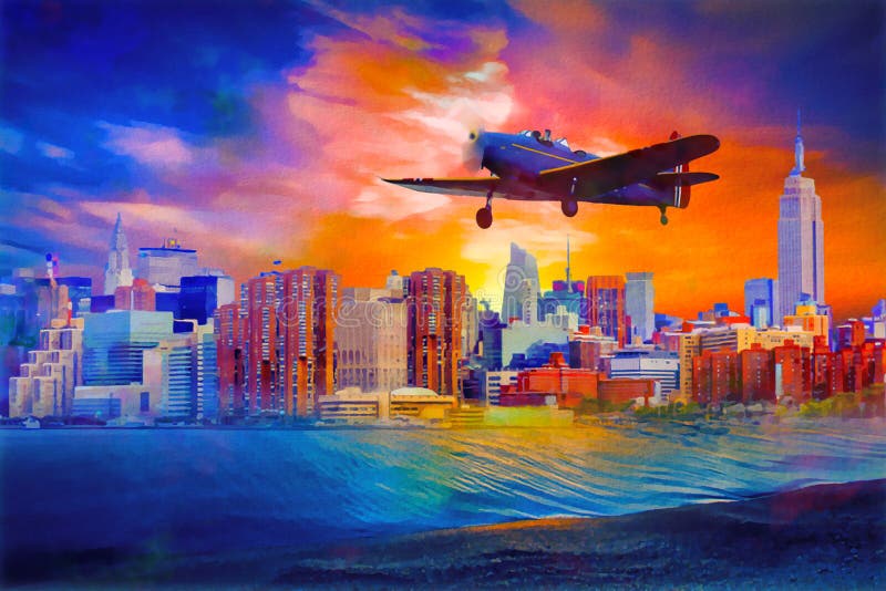 Tropical Sunset with Plane Color Art Stock Photo - Image of beauty ...