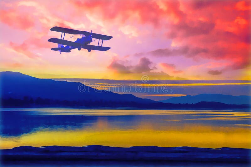 Tropical Sunset with Plane Color Art Stock Photo - Image of beauty ...