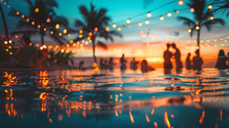 Tropical Sunset Pool Party with String Lights and Silhouetted Crowd ...