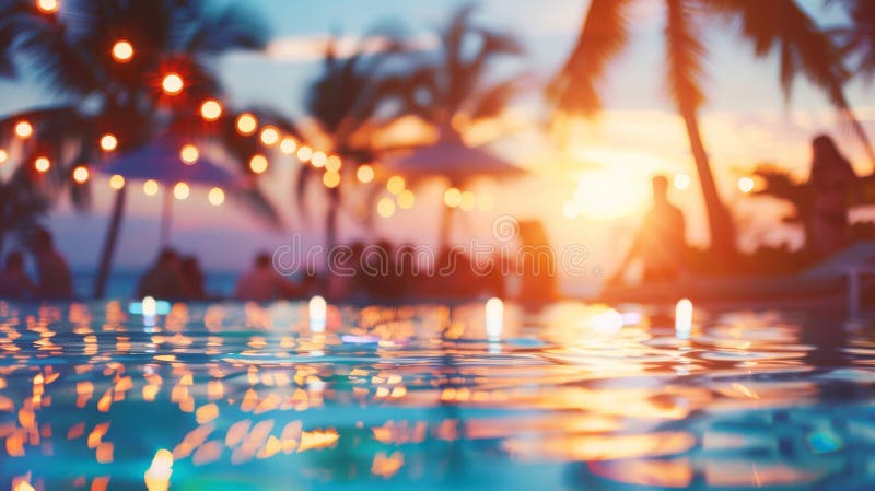 Tropical Sunset Poolside Party with String Lights and Palm Trees in ...