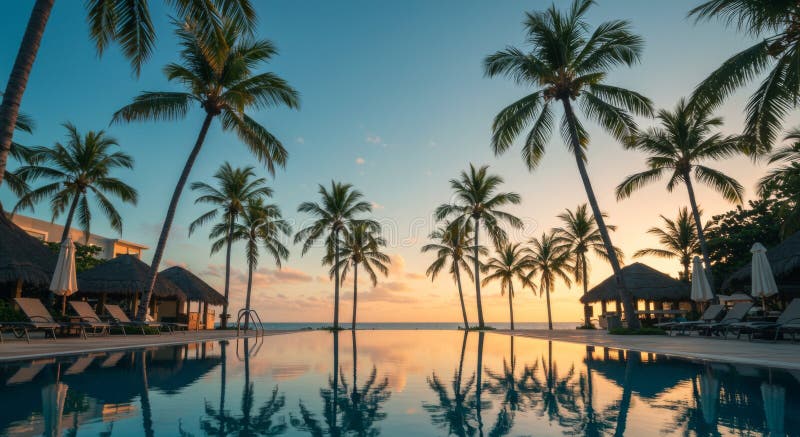 Tropical Sunset Resort Pool with Palm Trees Stock Illustration ...