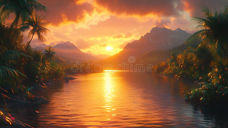 Tropical Sunset River, Mountains, Palm Trees, Idyllic Scene, Travel ...