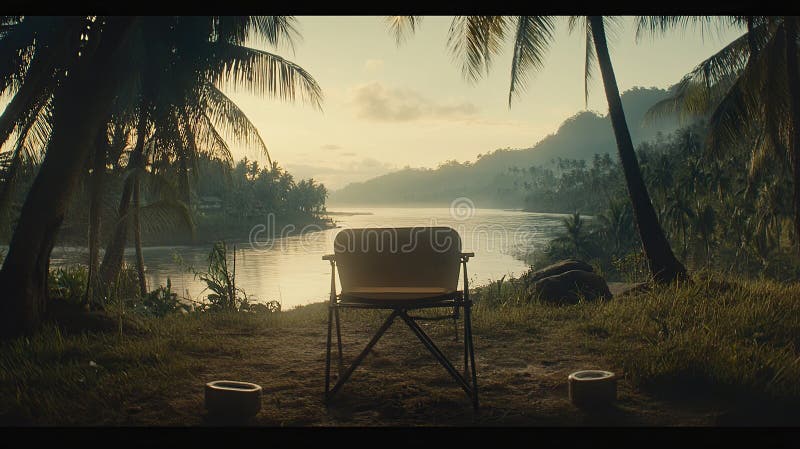 Tropical Sunset Riverbank Chair Serenity Stock Photo - Image of chair ...