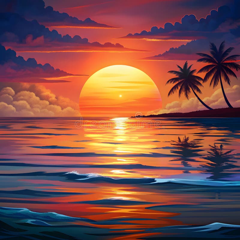 Tropical Sunset Scene with Palm Trees Stock Illustration - Illustration ...