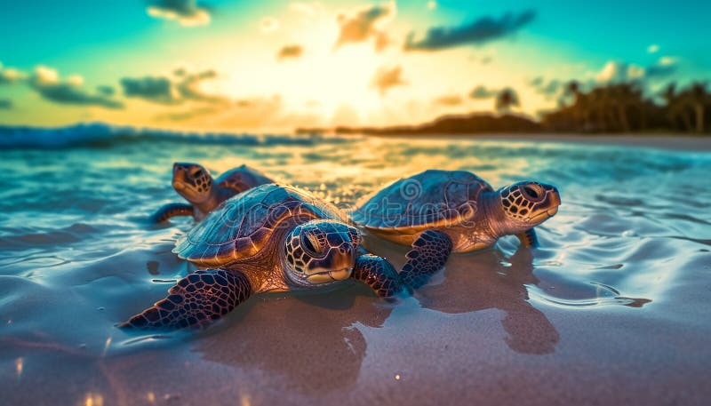 Tropical Sunset Sea Turtle Swimming in Tranquil Blue Water Generated by ...