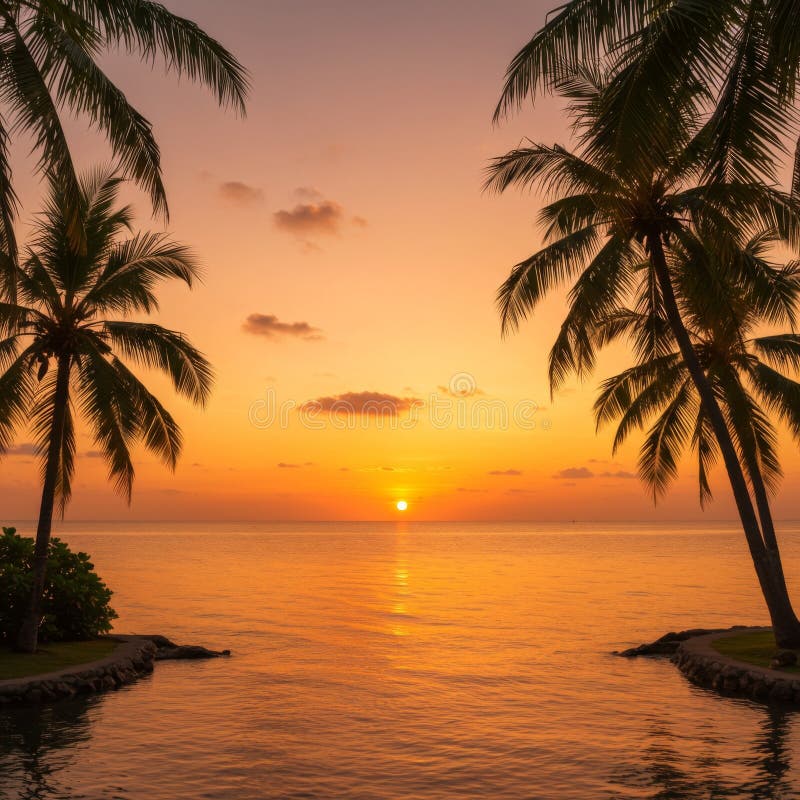 Tropical Sunset Silhouette Over Calm Ocean Stock Illustration ...