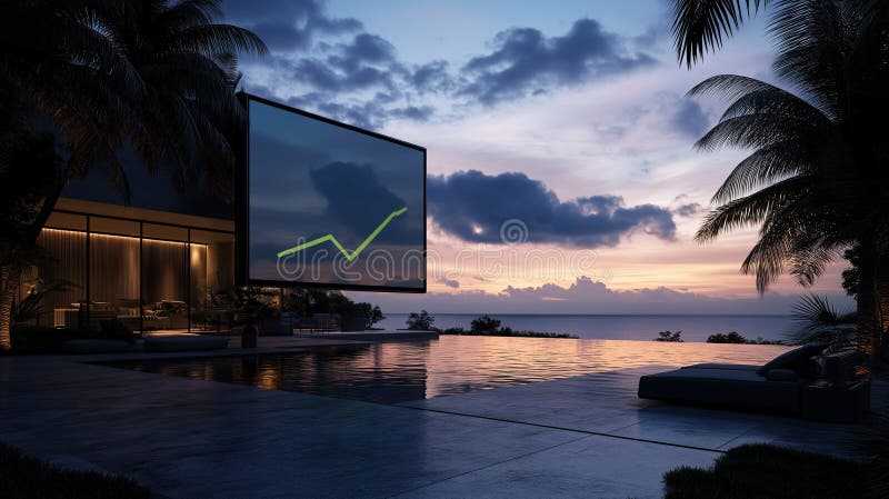 Tropical Sunset Views, Poolside, Viewing Increasing Trend Graphs. Stock ...