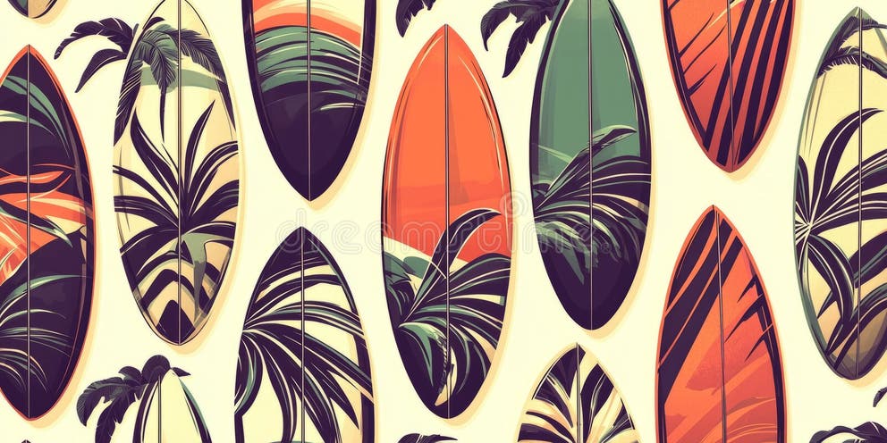 Tropical Surfboard Patterns with Palm Leaves and Retro Stock Image ...