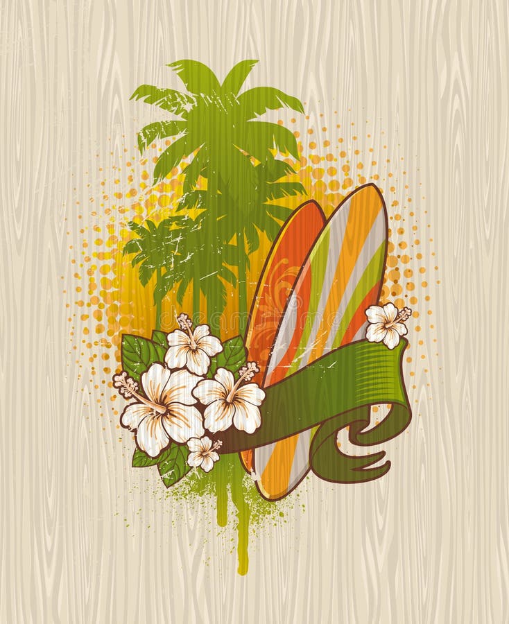 Tropical surfing emblem stock vector. Illustration of flora - 19521895